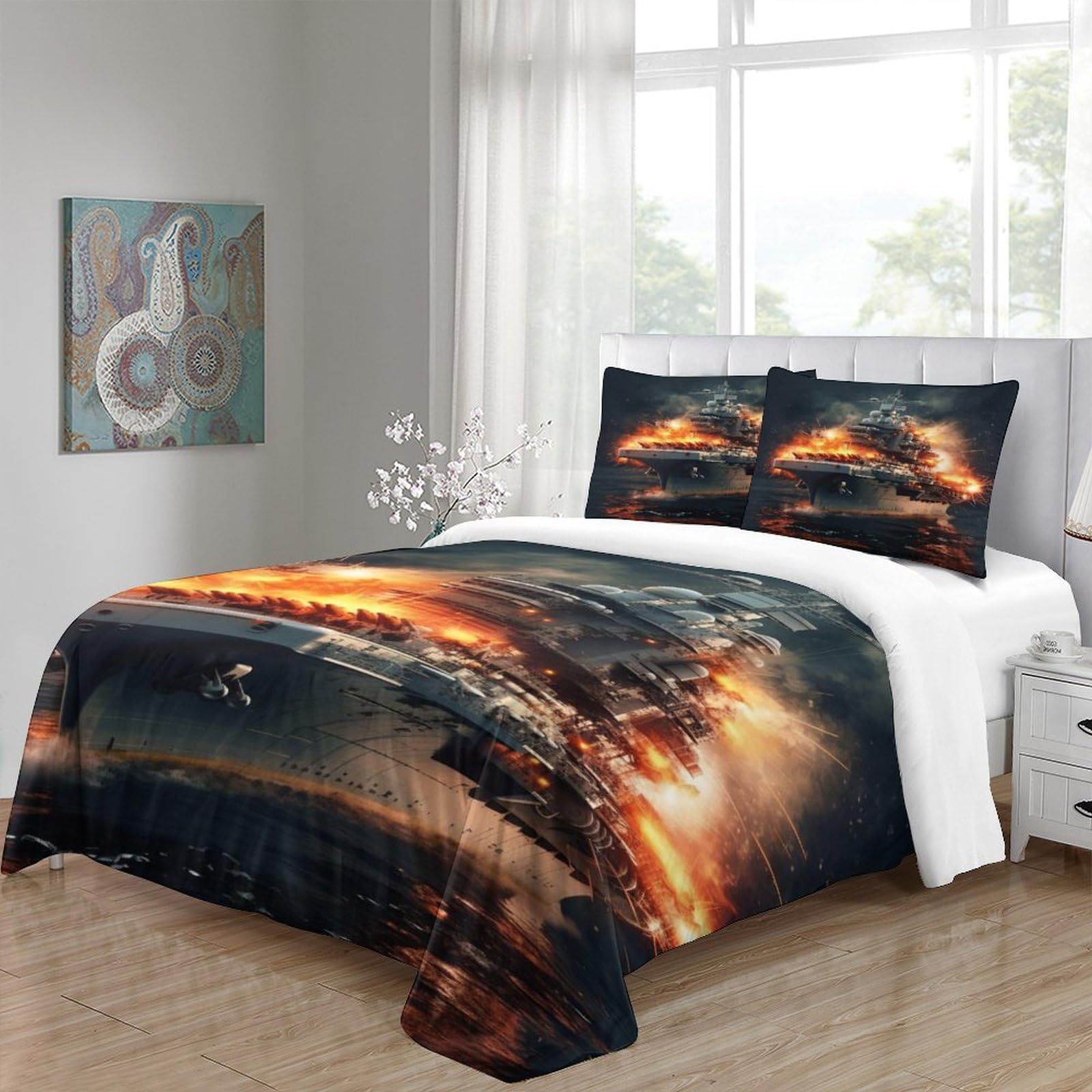 Hypoallergenic Bedding Set Cozy Battleships Comforter Covers 3D Printed Warships Quilt Cover Microfiber Duvet Cover 3 Pieces for Kids and Adults with Pillowcase Twin(173x218cm)