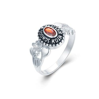 Customized Sterling Silver or 10KT Ladies High School and College Class Ring β Petite Flower Collection β Mementos Jewelry (Sterling Silver - Platinium, Sterling Silver)