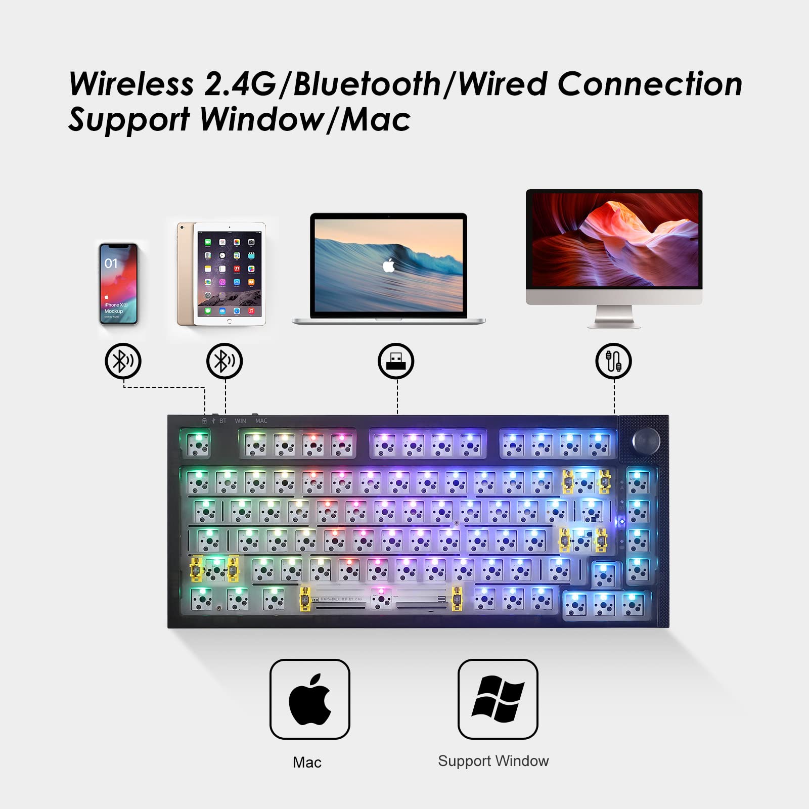 EasySMX Custom Gaming Keyboard, 75% Percent Full Size RGB Modular DIY Mechanical Keyboard, 81 Keys Hot Swappable 3pin/5pin Switch, Programmable Triple Mode Bluetooth/Wired/2.4GHz Wireless Connection
