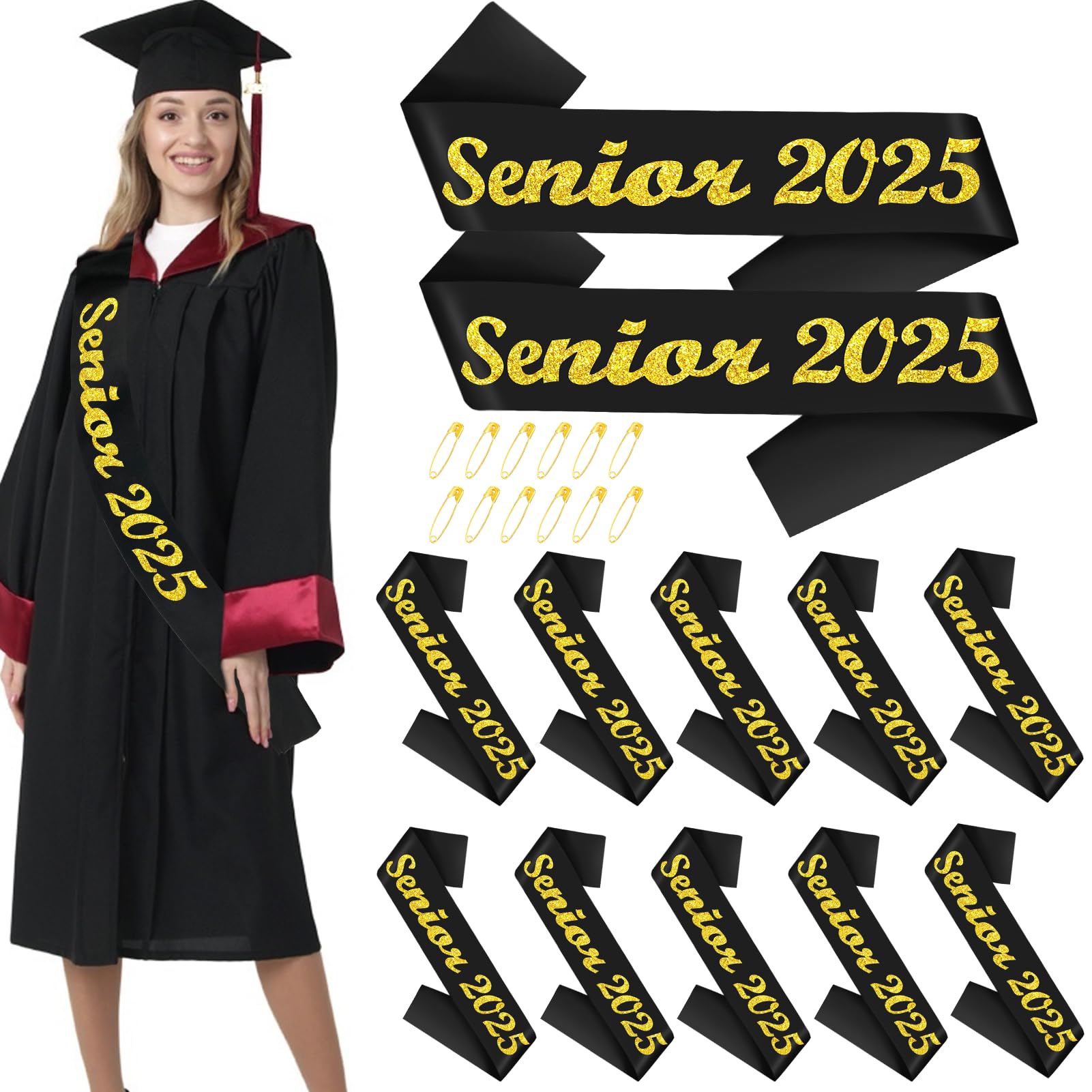 Generic 12 Pcs Black Senior 2025 Sash with Gold Glitter Letters - Senior Sashes Class of 2025, Celebration Graduation sash, Senior Cheer Sash, Class Competition Sashes, Graduation Party Supplies