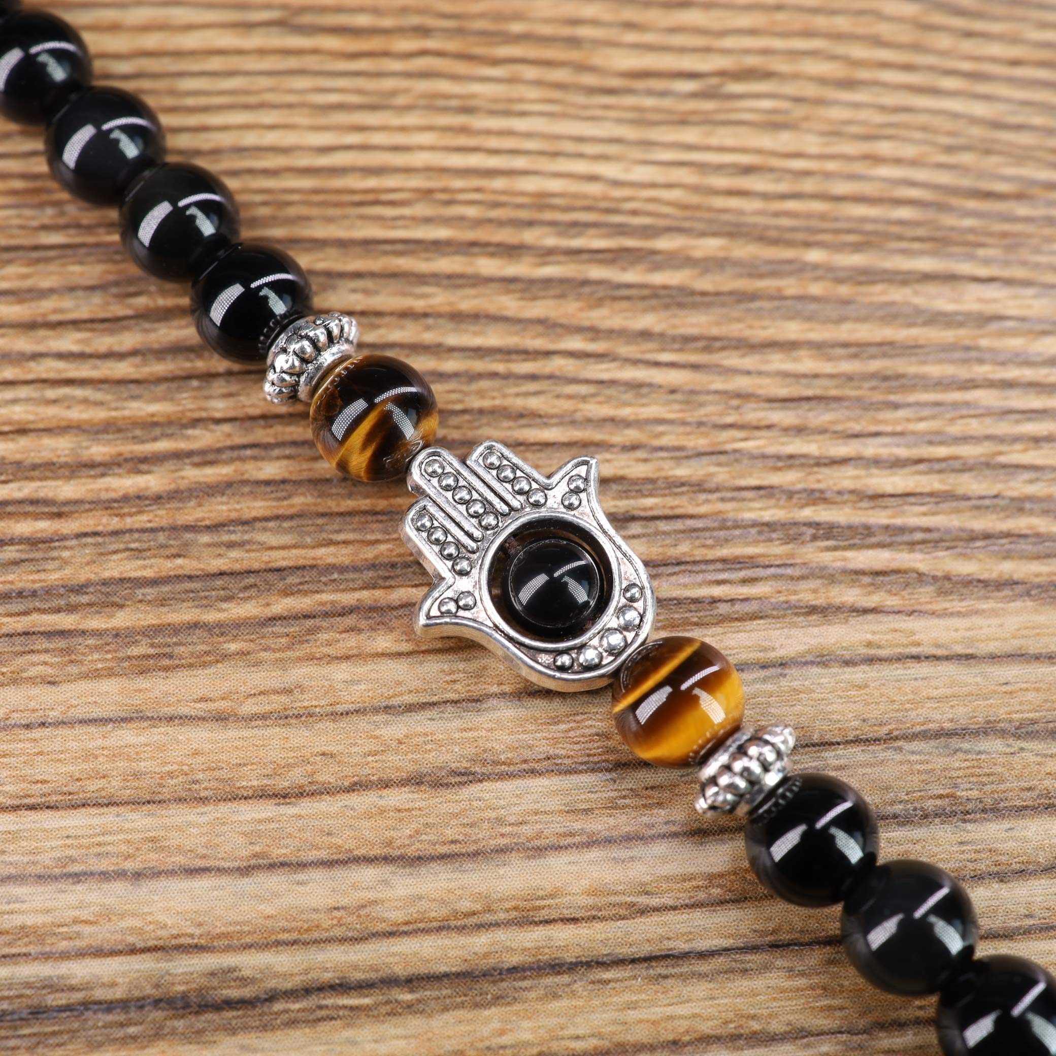 COAI 108 Mala Beads Black Obsidian Tiger Eye Stone Hamsa Hand Bracelet Necklace