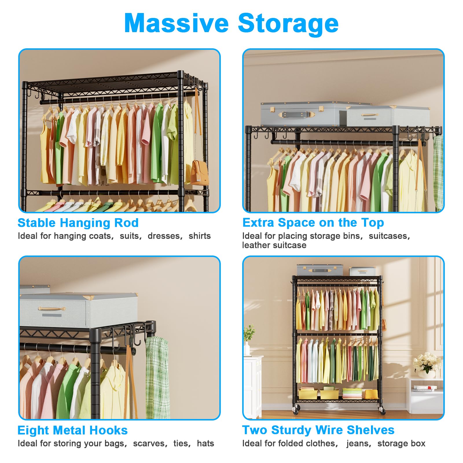 FUTASSI P8 Rolling Clothes Rack,Heavy Duty Clothing Racks for Hanging Clothes,Freestanding Garment Rack with Lockable Wheels,Portable Clothing Rack 45" W x 14" D x 80" H,Max Load 420LBS,Black