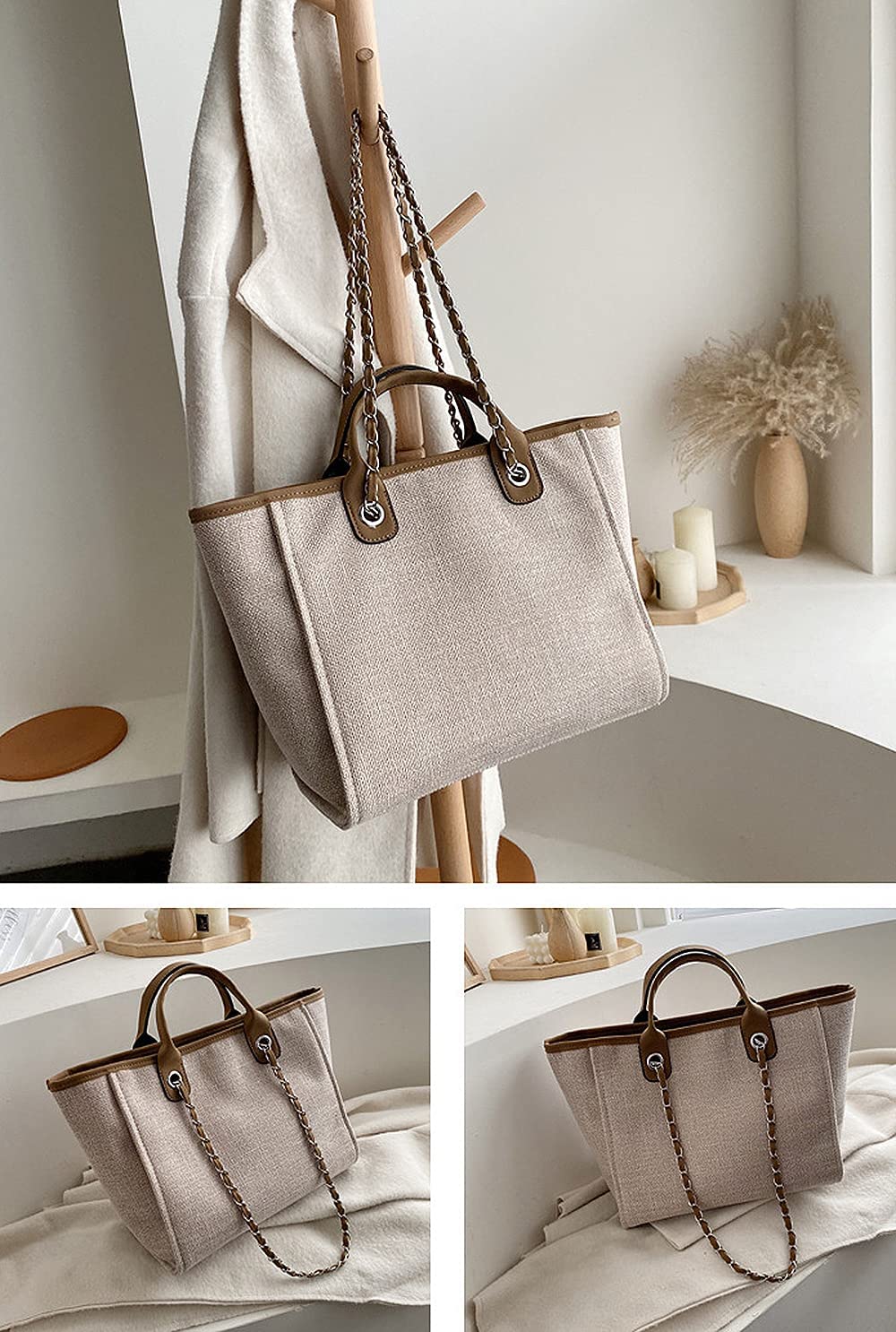 XACKWUERO Women Fashion Classic Canvas Bag Large-Capacity Shoulder Handbag Tote Shopper Bag with Chain Shoulder Strap (Khaki)
