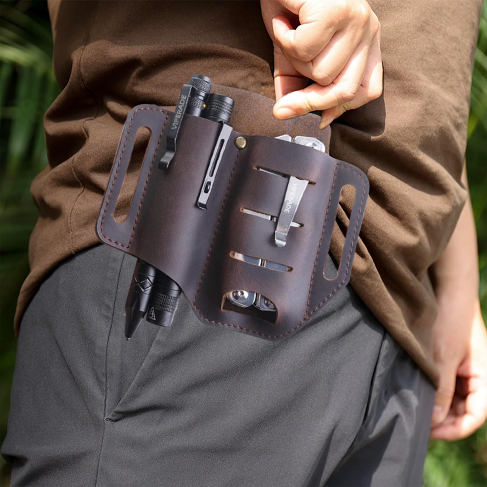 Leather Multitool Sheath, Tools Belt Organizer, Daily Use Sheath Holster for Belt, Multitool Pouch for Belts, Belt Sheath Pocket Tool Organizer for Men Flashlight Pen Work(Dark Brown)