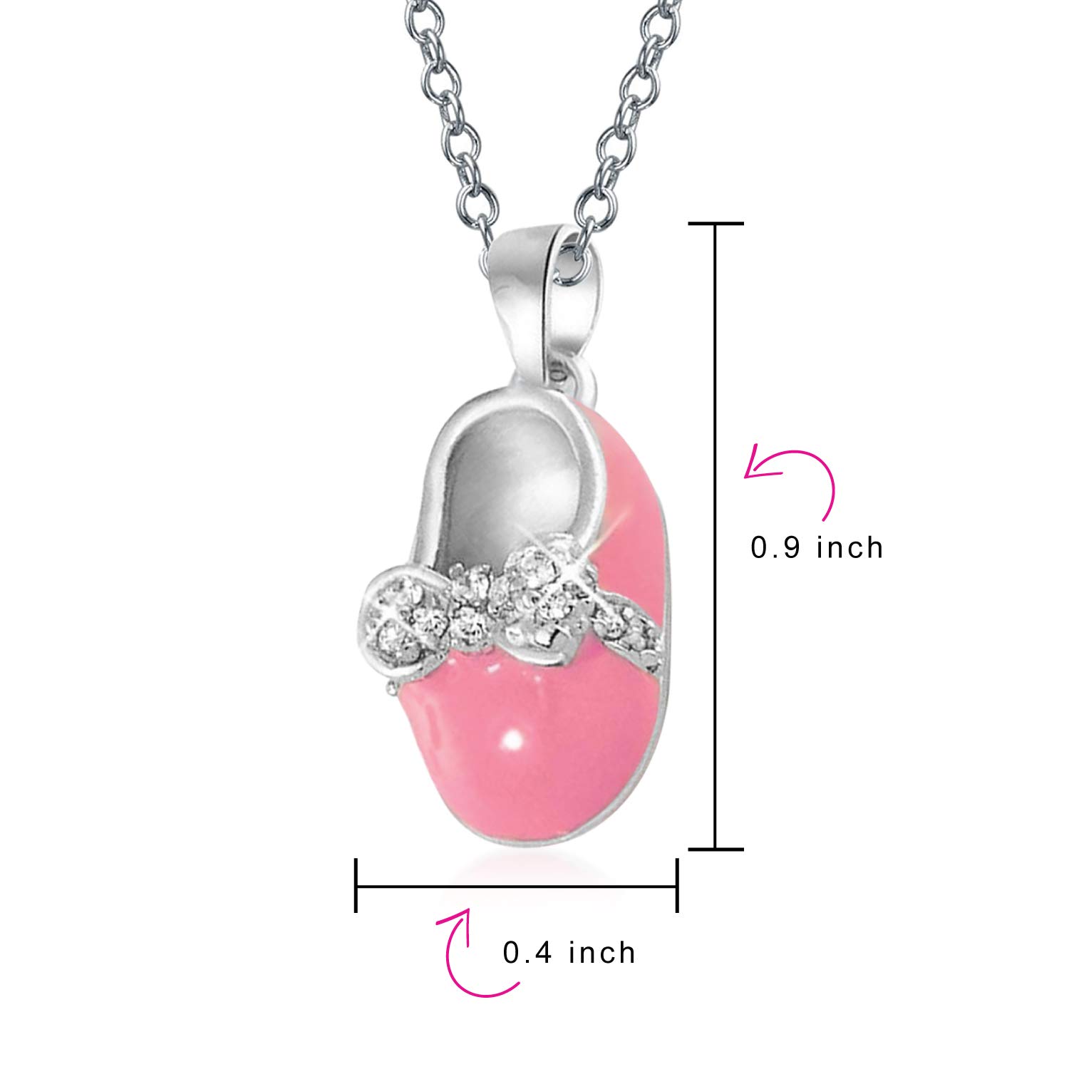 Charm Baby Shoe Pendant Necklace Gift For New Mother Women Pink Enamel Bow Engravable CZ Accent .925 Sterling Silver Custom Engraved