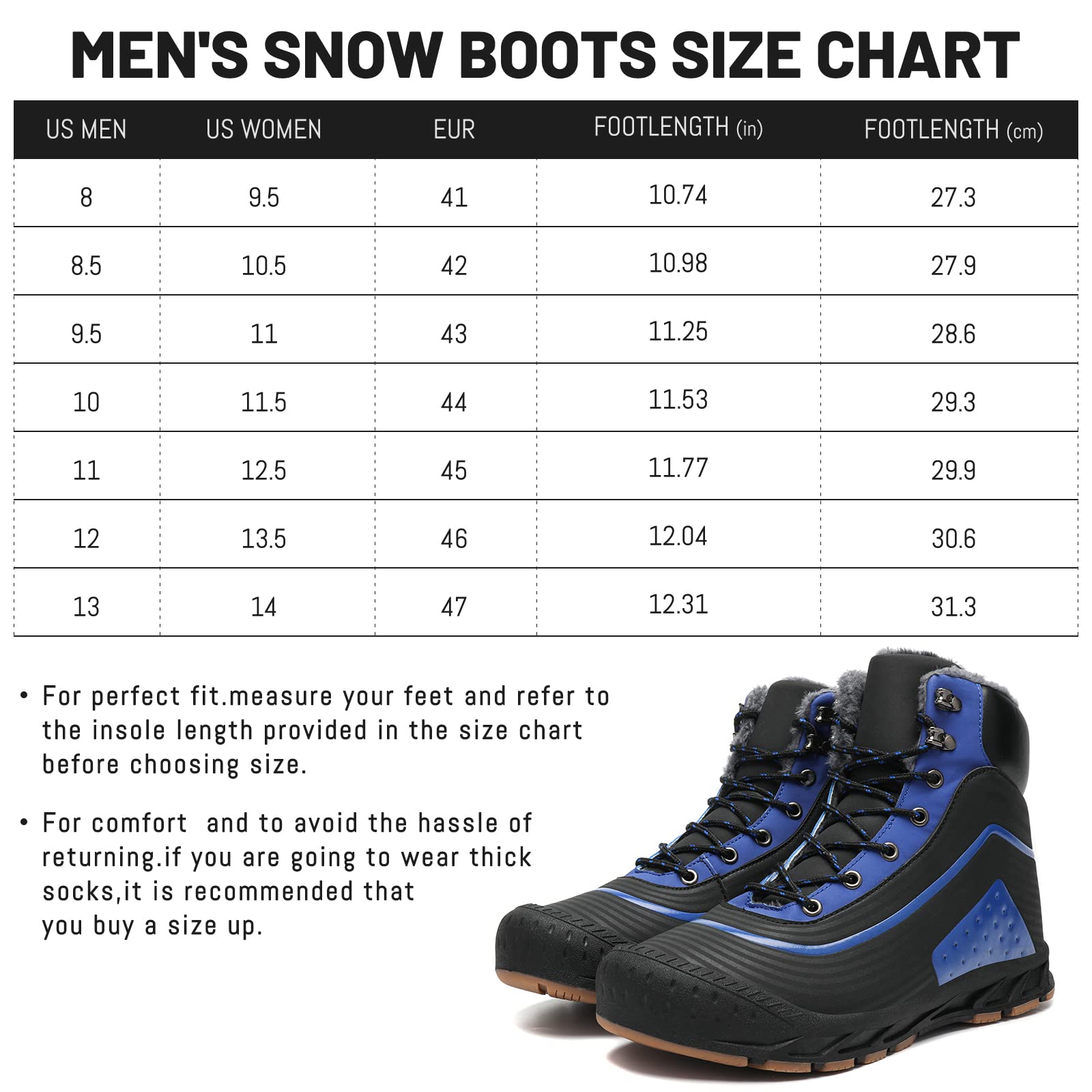 Dahocri Men’s Snow Boots, Insulated Waterproof Winter Shoes Warm Fur Lined Anti-Slip Ankle Boot for Hiking, Backpacking and Construction - Blue 43