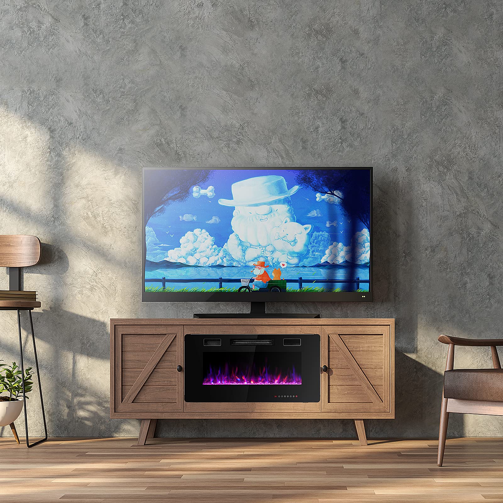 COSTWAY 36-Inch Electric Fireplace, 750W/1500W Wall Recessed and Mounted Fireplace Insert with Remote Control, 12 Flame Colors, 5 Brightness Settings, 8 H Timer, Fireplace Heater for Indoor Use