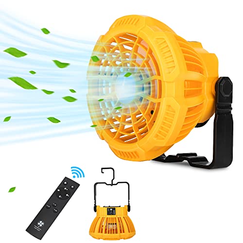 Hiesuan Compatible with Dewalt Fan 20v Portable Camping Tent Fan with Lantern, Remote, 4H Timer, Hook Cordless Ceiling Fan Personal Fan for Dewalt 14.4-20V Li-Ion Battery