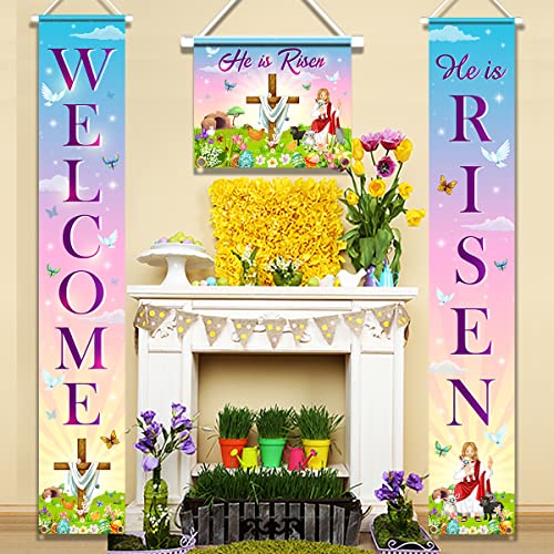 He is Risen Porch Sign-Religious Easter Supplies,3pcs Jesus Resurrection Easter Door Sign Banners,Happy Easter Front Door Welcome Hanging Banner for Spring Easter Decoration