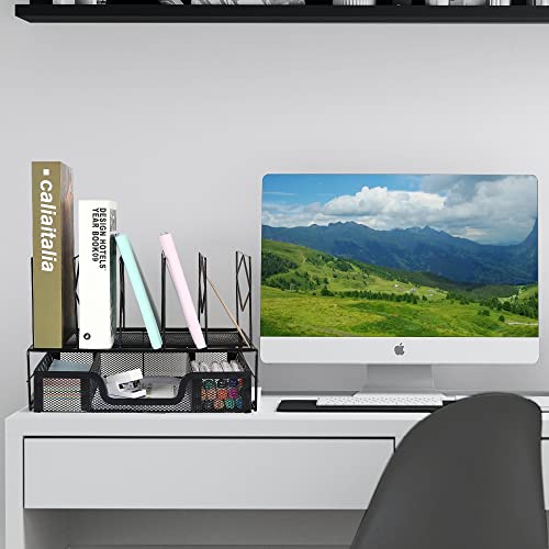 Spacrea Desk Organizers and Accessories, File Folder Holders Desktop Organization with 5 Upright Sections & Drawer, Great for Workspace College Dorm Home Office(Black)