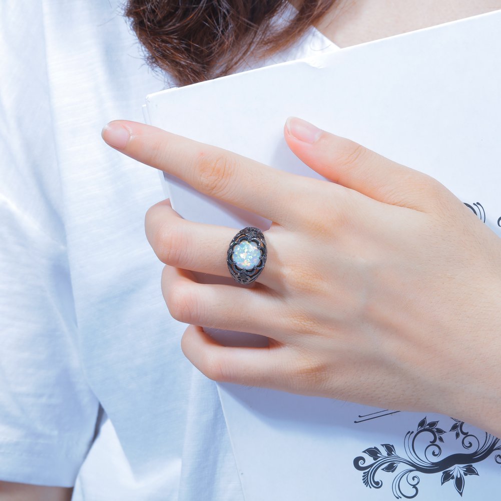 CiNily Black Gold Plated Opal Ring Ladies Gemstone Ring Opal Jewelry for Women Size 5