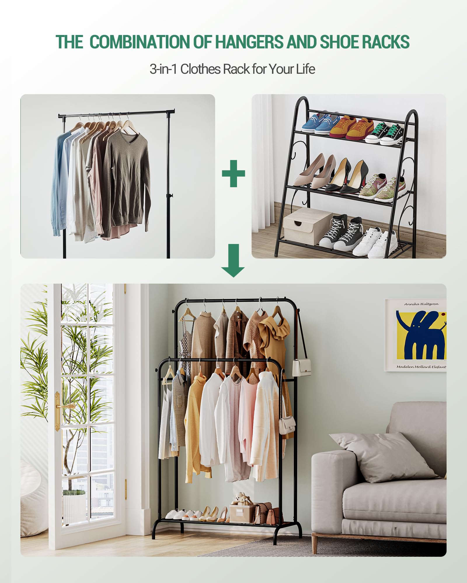 Hzuaneri Clothes Rack, Double Rods Garment Rack with Storage Shelf, Clothing Rack for Hanging Clothes, Metal Frame Clothes Organizer for Bedroom, Living Room, Black GR34099B