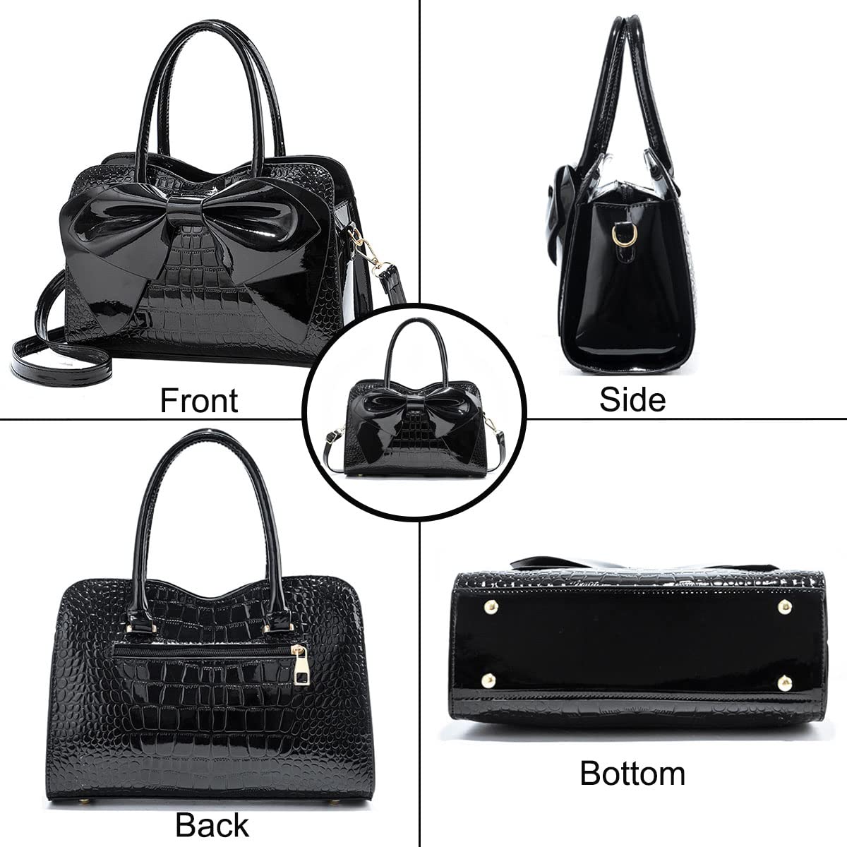XingChen Shiny Women Handbag Patent Leather Bowknot Purse Charm Glossy Top-Handle Satchel Tote Fashion Shoulder Bag(Blue)