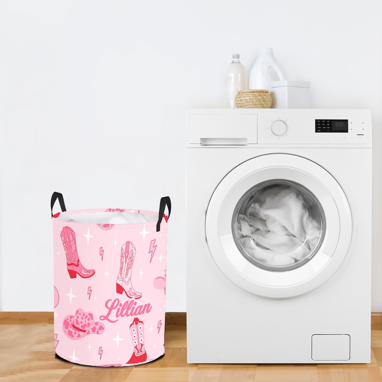 Cowgirl Boot Pink Personalized Laundry Basket Hamper,Collapsible Storage Baskets with Handles for Kids Room,Clothes, Nursery Decor