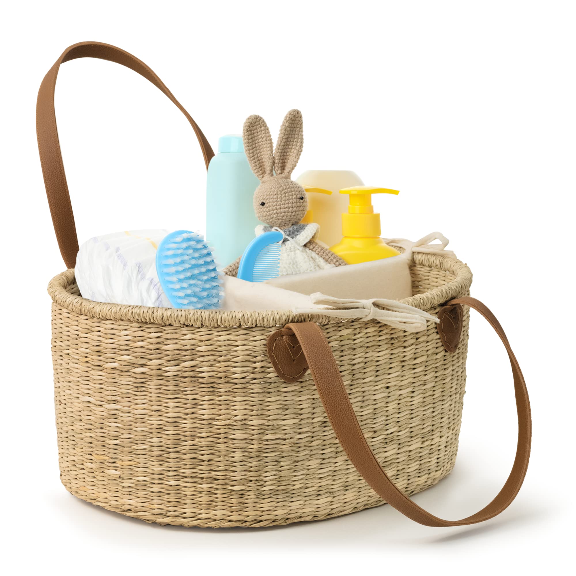GAIAMADE Seagrass Diaper Caddy, Practical Diaper Holder with Handles, Hand-woven Rattan Baby Diaper Caddy Organizer, Neutral Nursery Organizing, Decoration and Gift (included 2 Cotton Drawstring Bags)