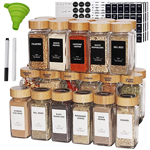 JARXSUN 24 Pcs Spice Jars with Bamboo Lids-4oz Glass Spice Jars with 4 of Sets Labels and Shaker Lids (24, 4 oz)