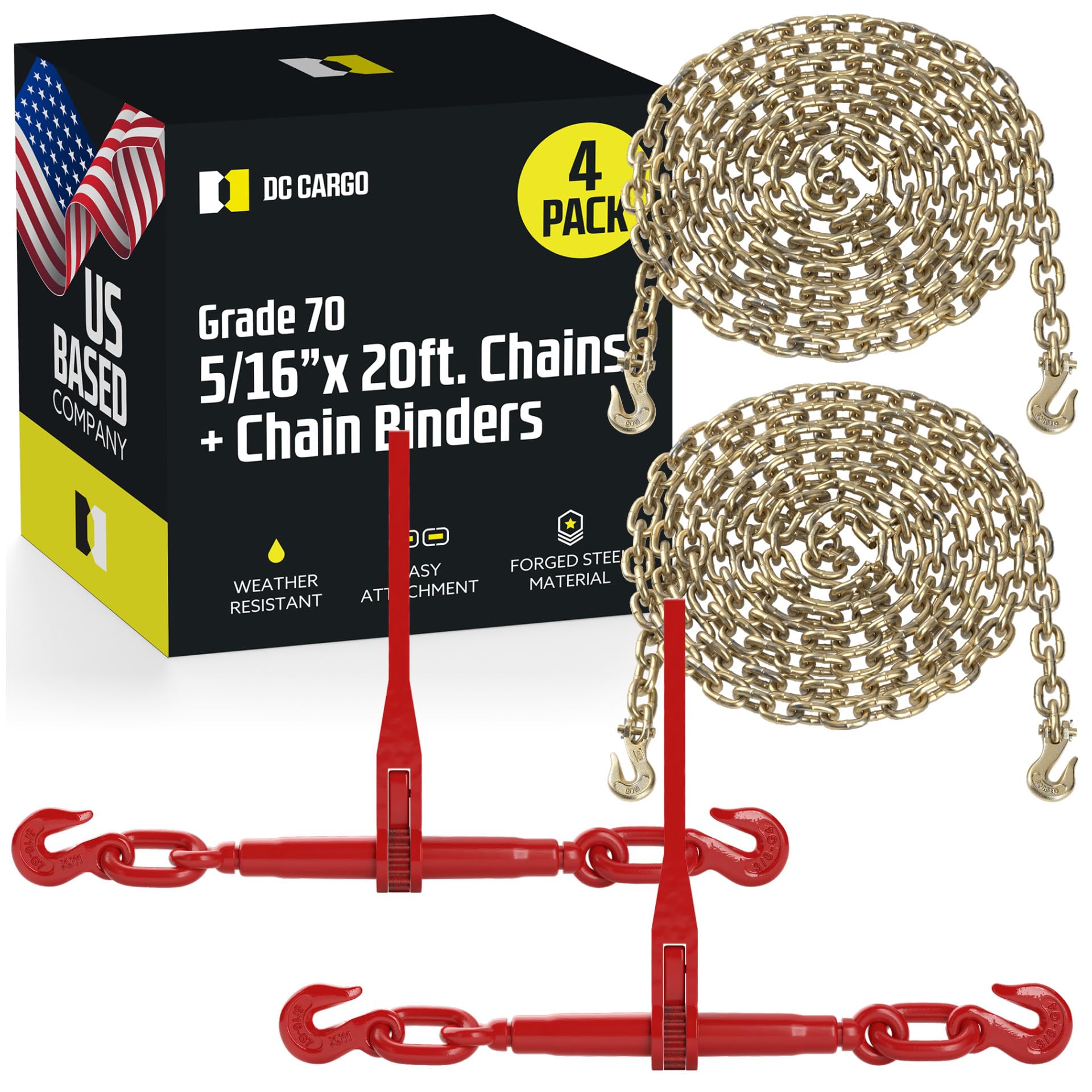 DC Cargo Chain Binder Kit | 5/16" Grade 70 Extra Long 20 Foot Chain - and Load Binder Set | Heavy Duty Ratcheting Chain and Binder | Load Chain and Binders β 4,700lb Working Load Limit As Set