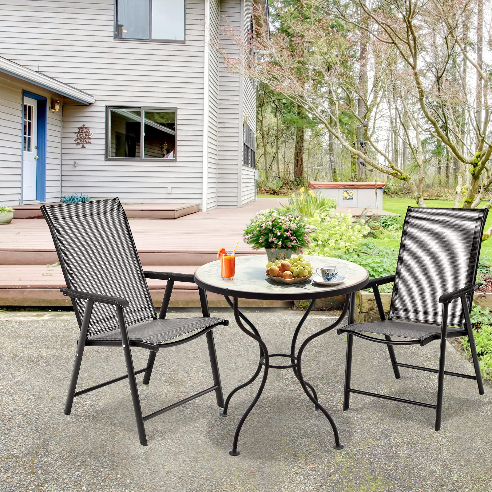 Tangkula Set of 4 Patio Folding Chairs, Fabric Dining Chairs with High Back & Armrests, Portable Camping Lounge Chairs with Sturdy Metal Frame, Outdoor Sling Chairs for Patio Lawn Garden (Grey)