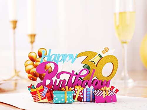 Liif Happy 30th Birthday 3D Greeting Pop Up Card, 30th Birthday Card For Him, Her, Women, Funny, Celebrations, Congrats, Thirty, Balloons, Champagne | With Message Note & Envelop | Size 8" x 6"