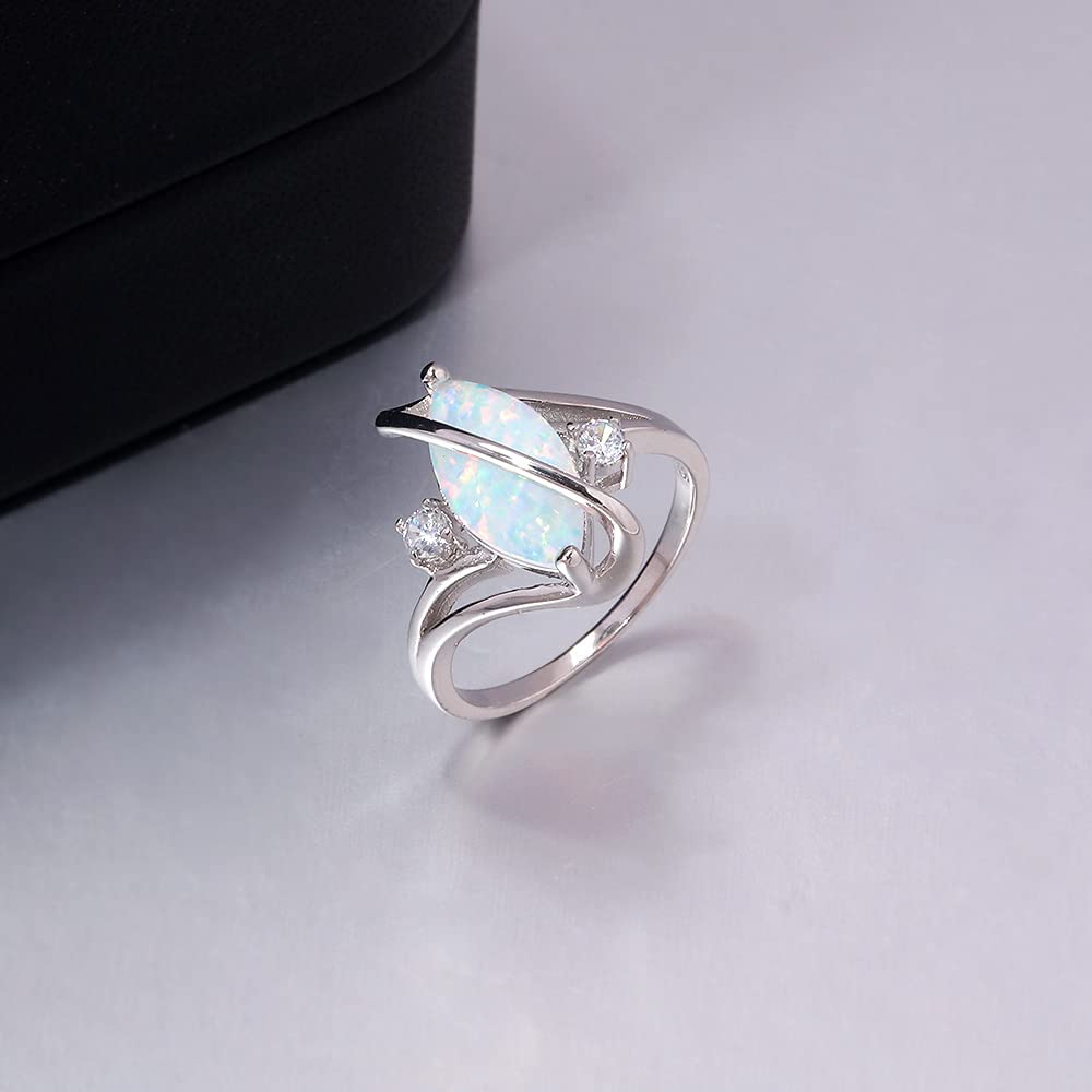 CiNily Silver Opal Ring White Fire Opal & Cubic Zirconia Sterling Silver Ring for Women Size 9