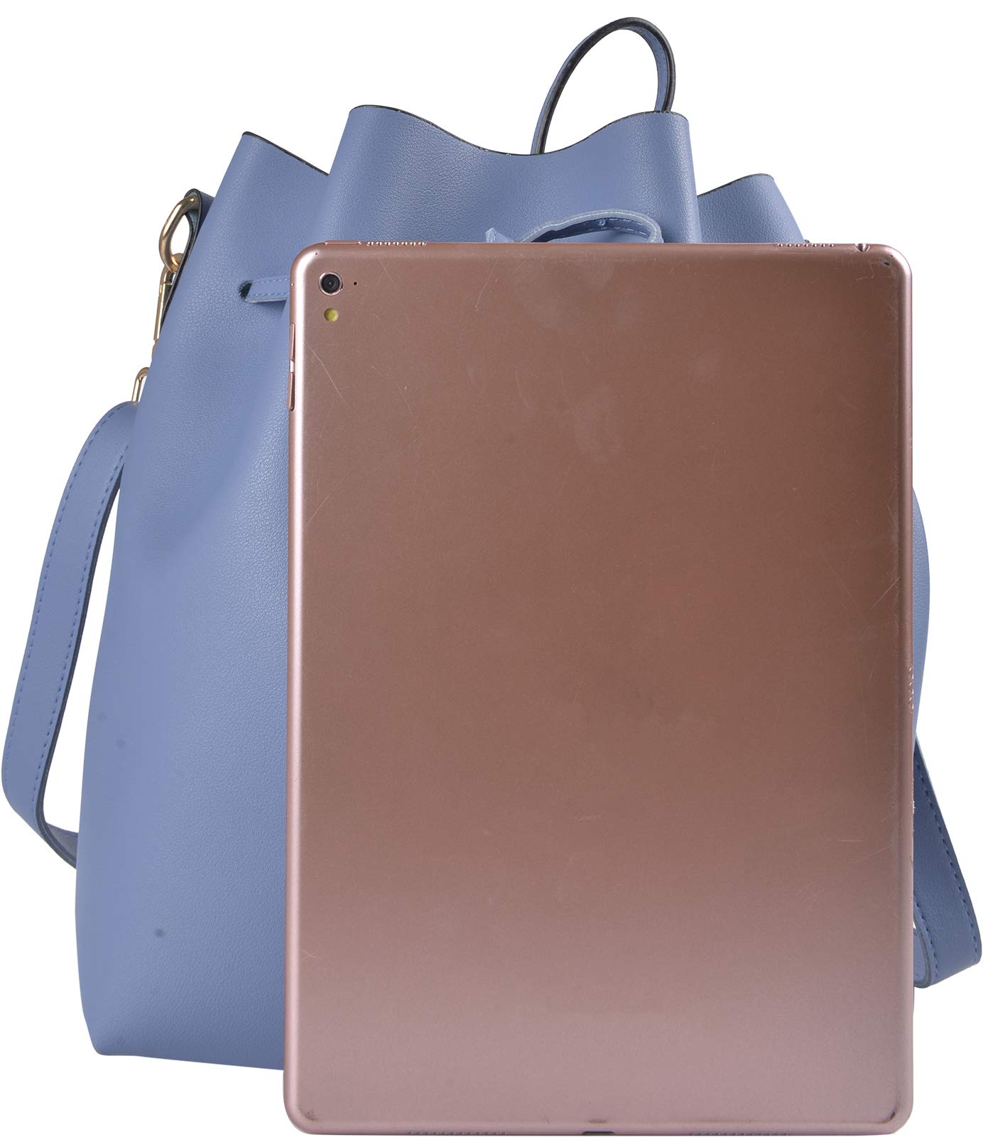 QZUnique Handbag Set Women's PU Leather Drawstring Bucket Bag Crossbody Shoulder Bags Purses Set With Colorful Strap Blue