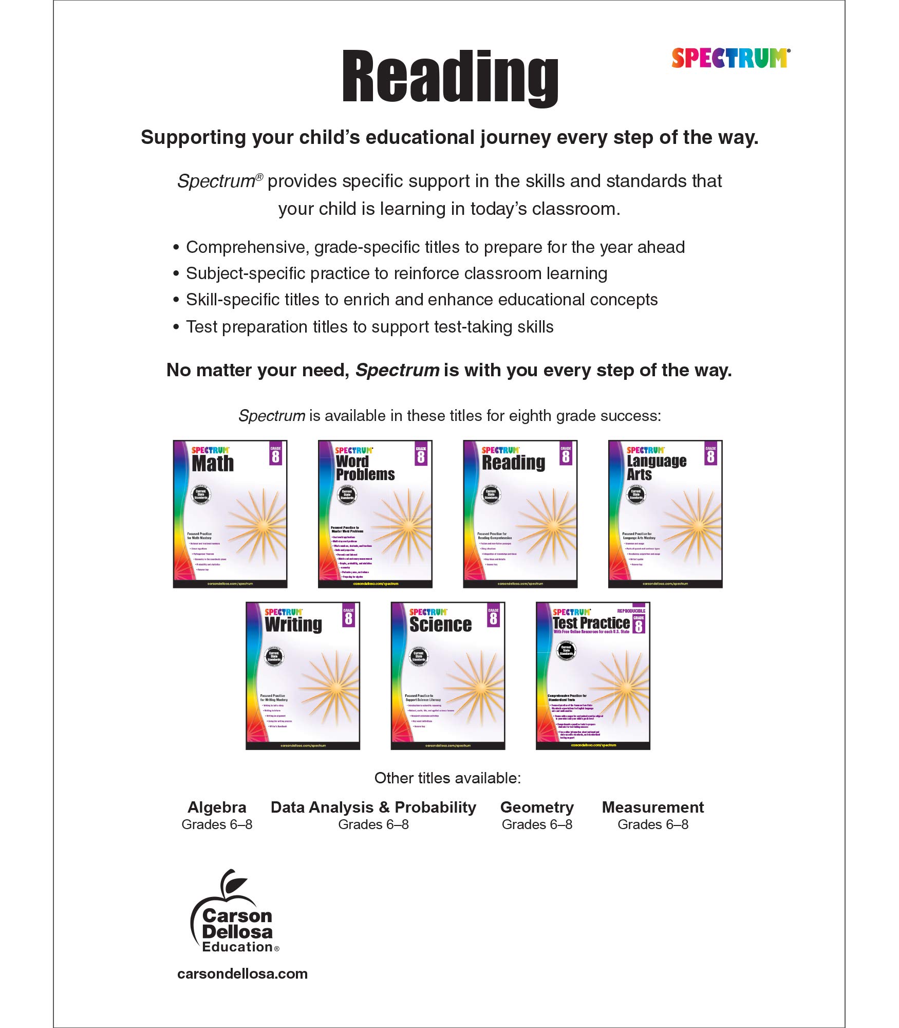 Spectrum Reading Comprehension Grade 8, Ages 13 to 14, 8th Grade Workbooks, Nonfiction and Fiction Passages, Analyzing and Summarizing Story Structure Using Context Clues and Citations - 160 Pages