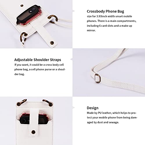 Leather Cell Phone Purse, Small Cell Phone Wallet with Card Slots and Makeup Mirror, Mini Cell Phone Purse Crossbody Bag for Women for iPhone Samsung All Smartphone (White)