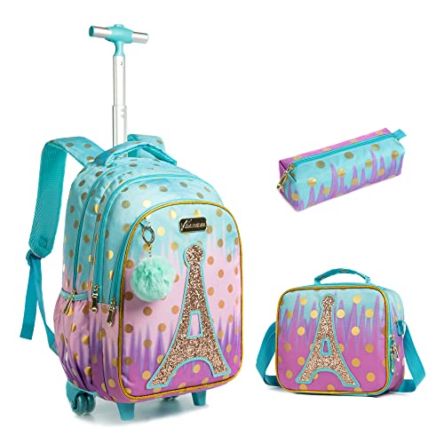 Jasminestar Rolling Backpack 18 inch Wheeled Kids Backpack with Insulated Lunch Bag and Pencil Case for Boys and Girls