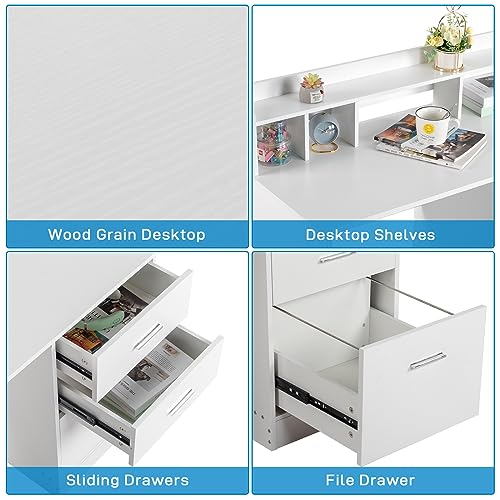Karl home White Computer Desk with Drawers & Hutch, Modern Home Office Desks with Storage for Kids Students Teens, Small Wood Table for Work Study Gaming Writing, PC Laptop Workstation