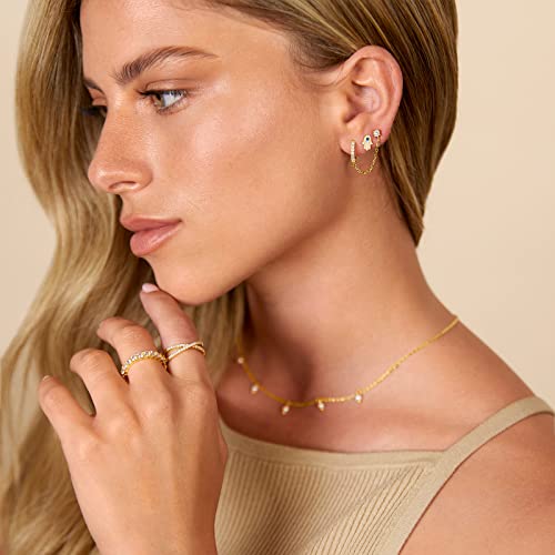 PAVOI 14K Yellow Gold Chain Earrings for Women | Double Piercing Dangle Chain Huggie Hoop Earrings | Cubic Zirconia Pearl Stud Earrings for Women (Single)