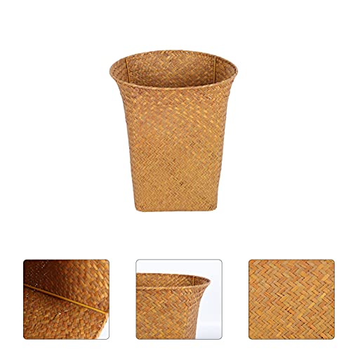 Healeved Straw Woven Wastebasket Wicker Trash Can Rattan Paper Storage Baskets Decorative Garbage Bin Rubbish Container Round Laundry Hamper Flower Vase Planter Holder Brown