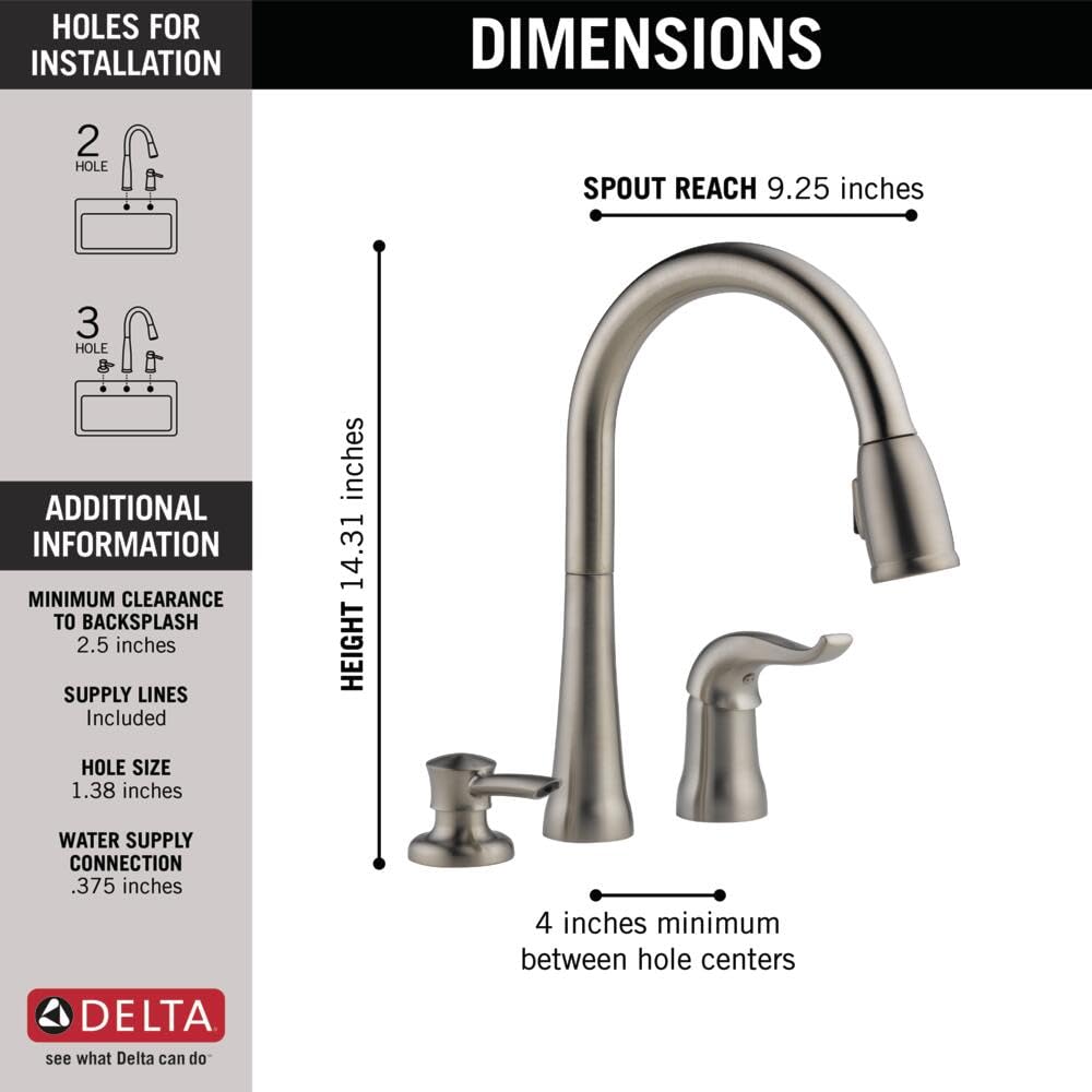 Delta Faucet Kate Pull Down Kitchen Faucet Brushed Nickel with Pull Down Sprayer, Kitchen Sink Faucet, Faucet for Kitchen Sink, Soap Dispenser, Stainless 16970-SSSD-DST