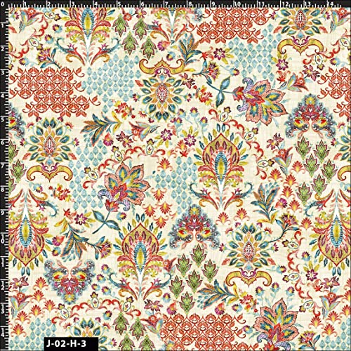 Texco Inc 100% Combed Quilting Prints Craft Cotton Apparel Home/DIY Fabric, Cream Red Teal Chartreuse 2 Yards