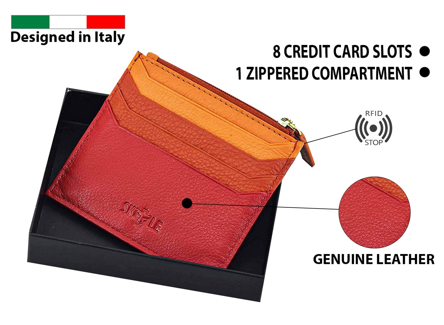 skyle Women secure Card Holder Wallet| Zipper Coin Pocket |Minimalist Mini Purse| RFID protection| 8 Credit Card Slots| Genuine Leather