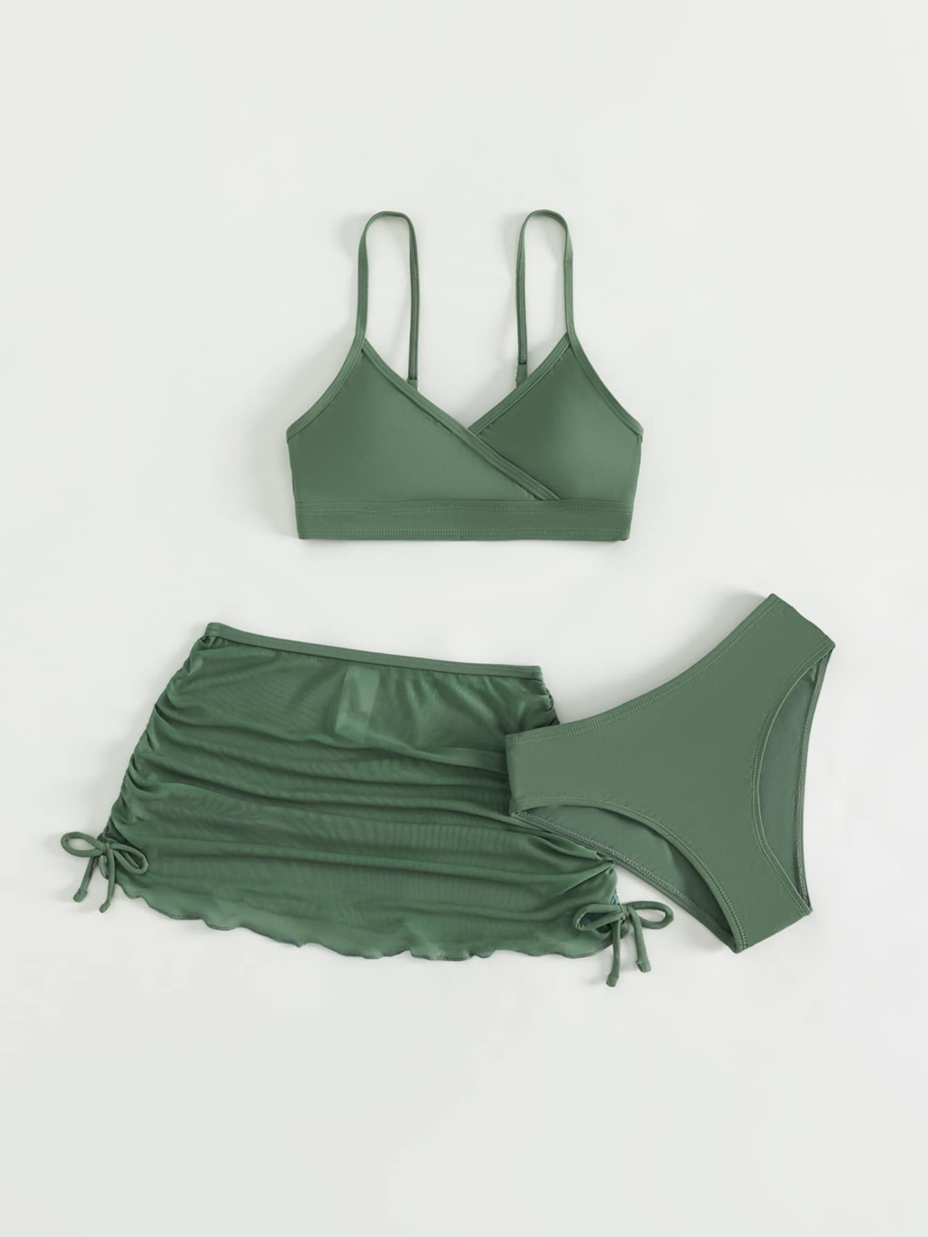 COZYEASE Girls' 3 Piece Plain Swimsuit Wrap Bikini with Ruched Cover Up Skirt Set Olive Green 9Y