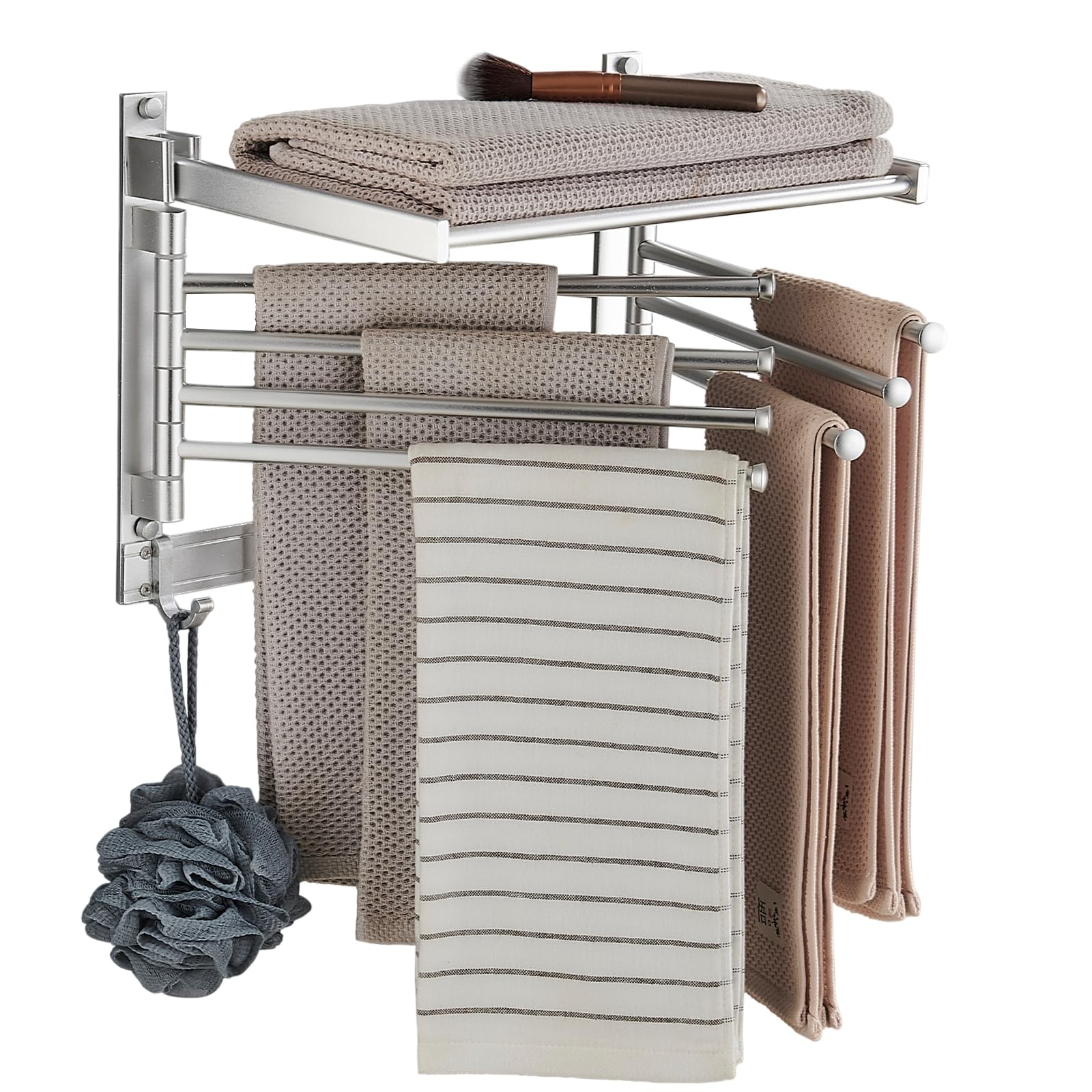 KIJINOGF Clothes Drying Rack Wall Mounted Laundry Drying Rack for Laundry with Swivel Towel Arms and Hanging Hooks Space Organization for Laundry Room Bathroom, 15.8’’ 1 Pack(Silver)