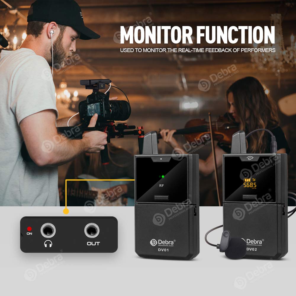 D Debra DV-02 UHF Wireless Lavalier Microphone with Remote Real-time Monitor Compatible with Smart Phone, DSLR Camera for Video Recording Interview