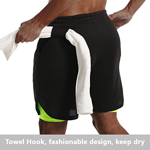 JWJ Mens 2 in 1 Running Shorts Quick Dry Gym Athletic Workout Clothes with Side Pockets,Green Large