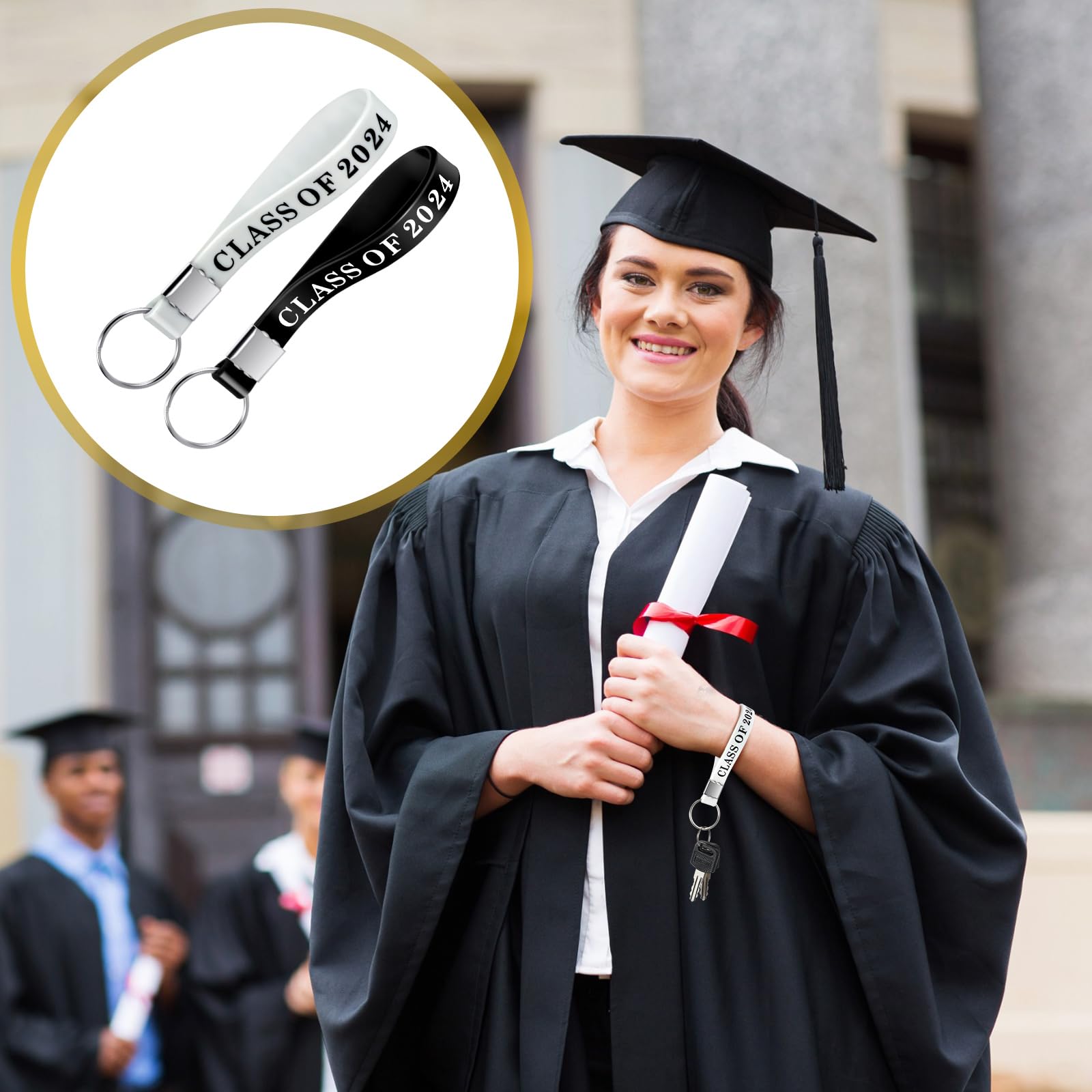 Ecation 50 Pcs Class of 2024 Graduation Keychains Silicone Rubber Keyring Graduation Party Favors Gifts for Student School (White, Black)