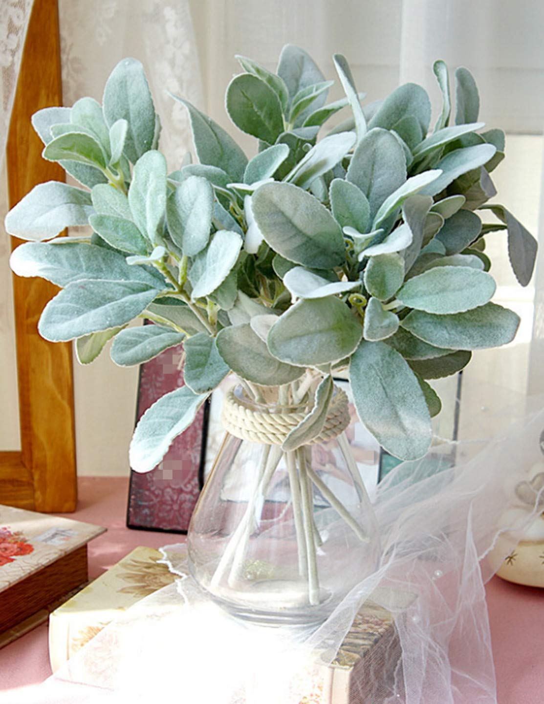 Skyseen 5Pcs Artificial Lambs Ear Greenery Leaves for Wedding Bridal Bouquet Party Home Garden Decor