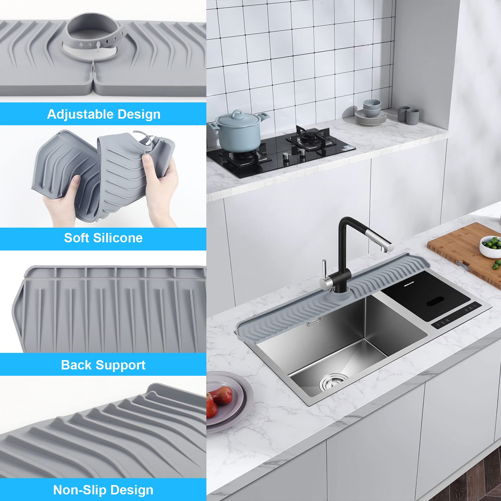 Derlights Silicone Sink Splash Guard Mat,30" X 5.7" Silicone Sink Faucet Mat,Kitchen Faucet Splash Mat,Sink Drain Pad Behind Faucet, Faucet Handle Drip Catcher Tray for Kitchen, Bathroom