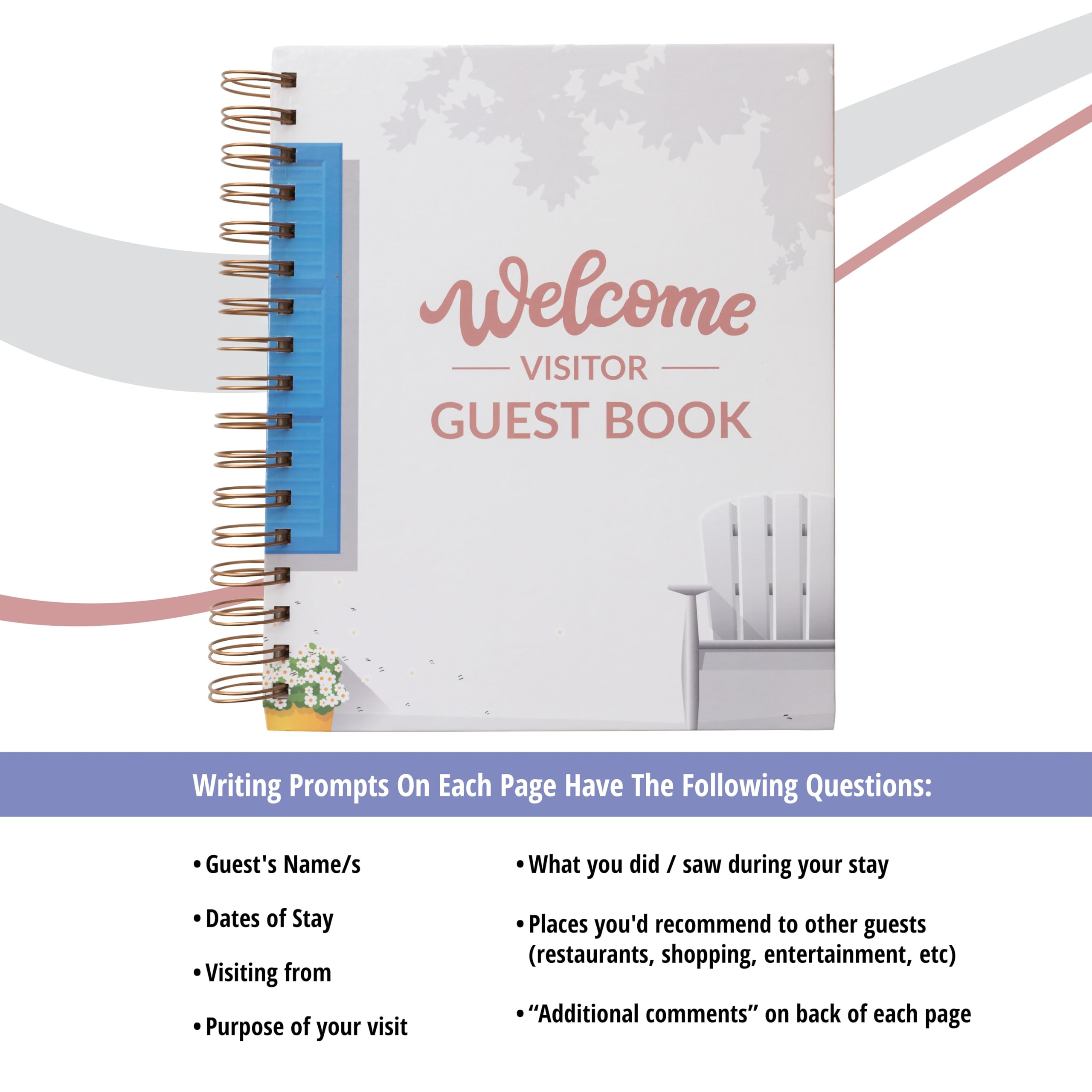 Paper 'n Such Guest Book for Vacation Home Visitors - Guestbook for Short Term Rentals, Vacation Rental, Beach House, Hosts Essentials, Spiral Hardcover Welcome Log - 200 Pages (White/Blue)