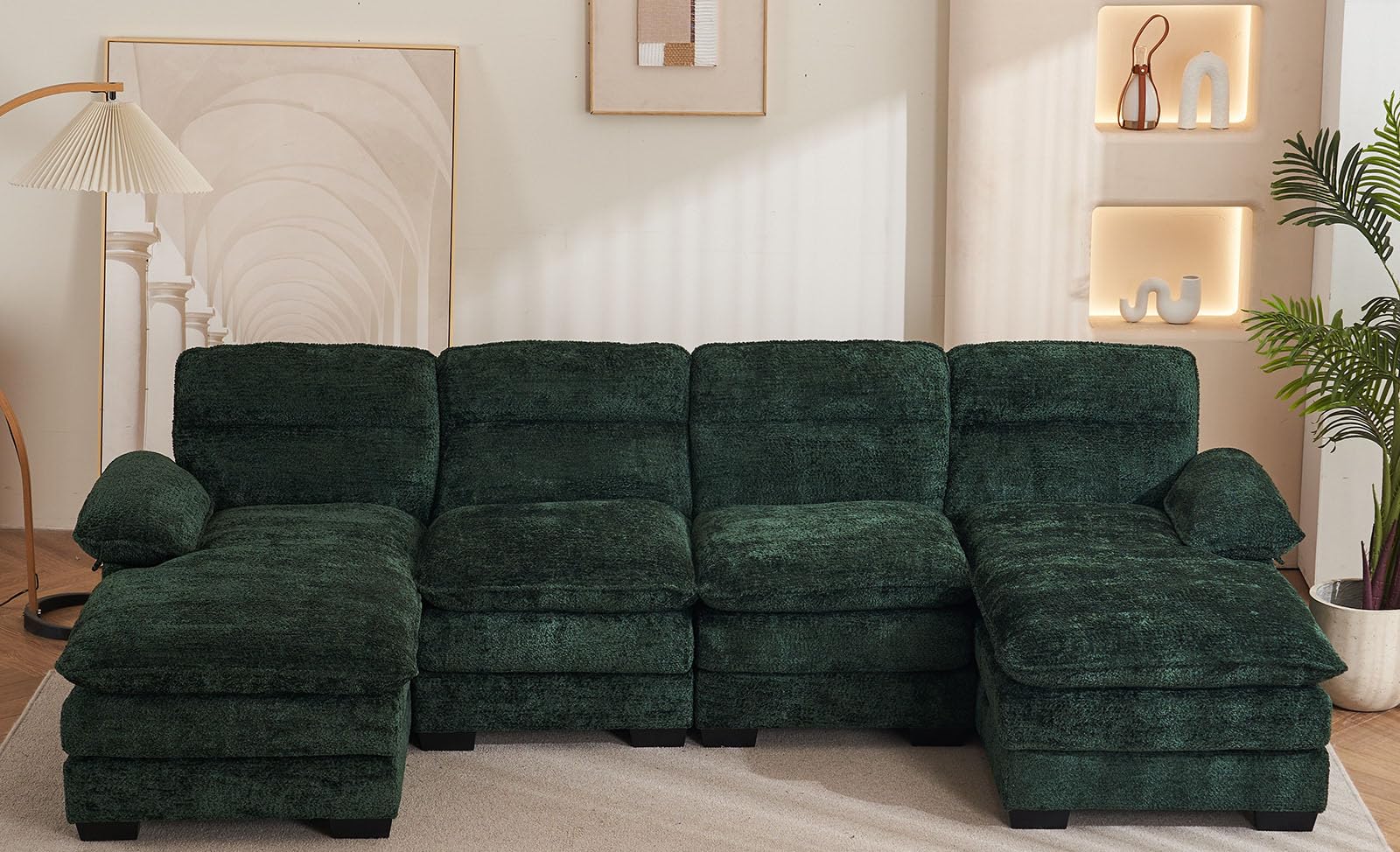 HANLIVES 111.8" U-Shaped Sofas for Living Room Apartment,Modern 4 Seats Sectional Sofa Couch with Double Chaise,Chenille Fabric Cloud Couches-Green