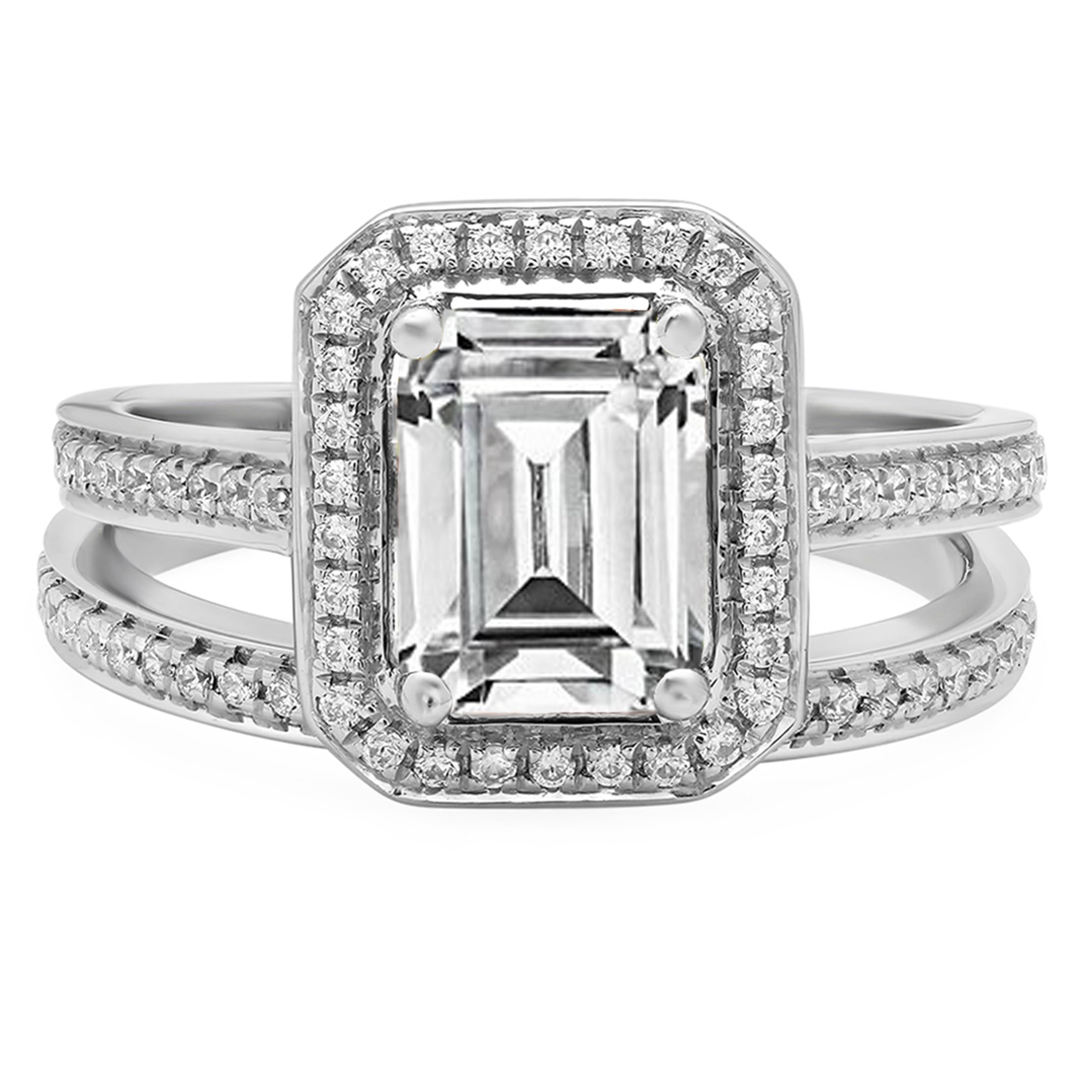 Dazzlingrock Collection Emerald Shape & Round White Cubic Zirconia Halo Engagement Ring in 10K White Gold, Size 7