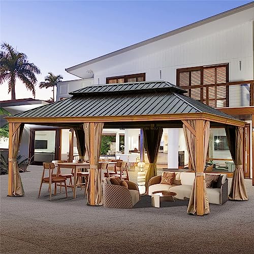 Jaxenor 12'x20' Outdoor Aluminum Wood Grain Hardtop Gazebo - Galvanized Steel Double Canopy for Patios, Decks, and Backyards - Includes Curtains and Netting (Wood-Looking)