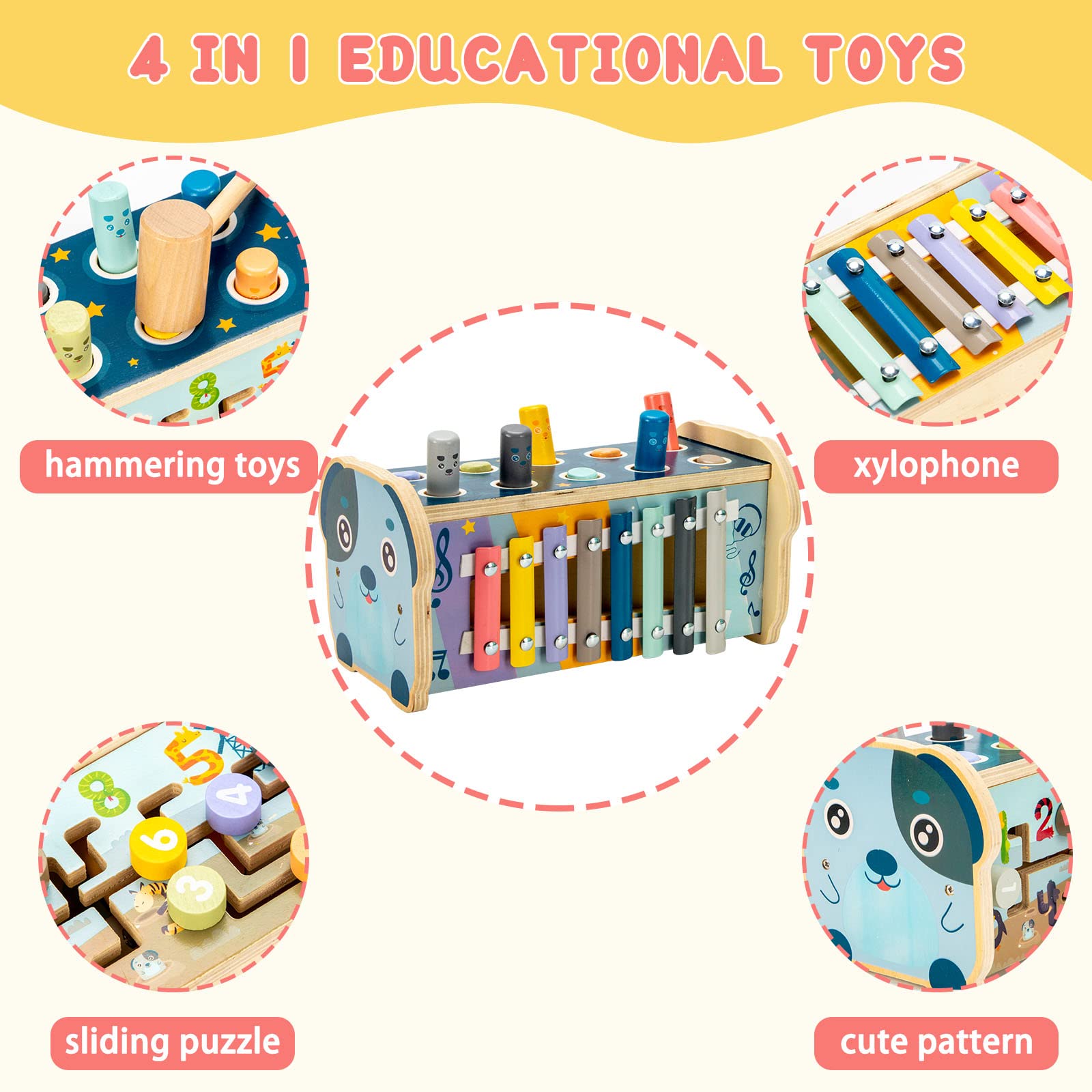kogabanny Wooden Hammering Toy, Educational Pegs Pound Maze Puzzle Number Sorter Musical Toy with Xylophone, Hammers, Mallets, for Kids