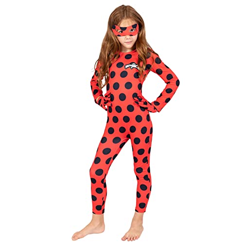 Miraculous Ladybug Big Girls Cosplay Jumpsuit Gloves and Mask 3 Piece Costume Set Polka Dots Red 10-12
