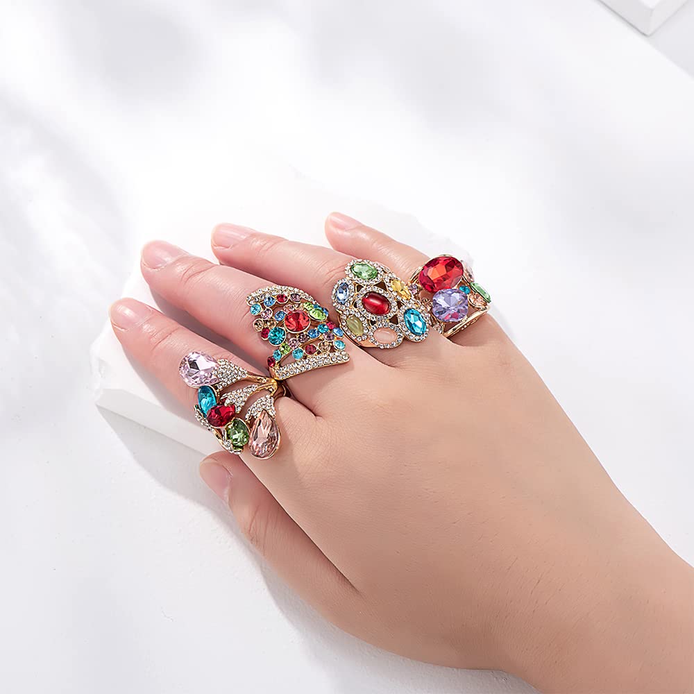 Ecesha 4 PCS/Set Gold Crystal Adjustable Statement Cocktail Rings Set Colorful Rhinestone Irregular Geometric Stretch Rings for Women