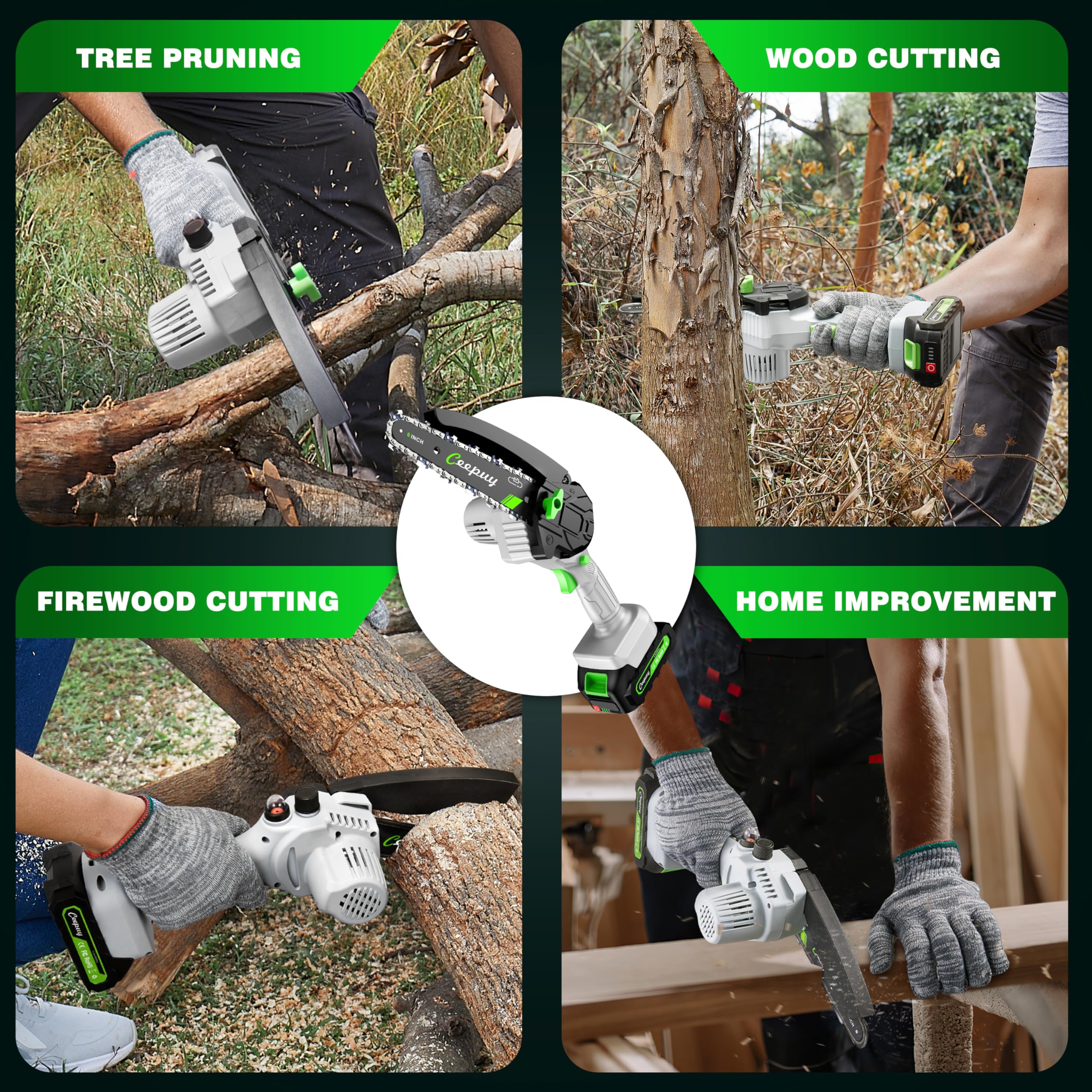 CEEPUY Mini Chainsaw Cordless,6 Inch Portable Electric Chain Saw w/ Automatic Oiler, Battery Powered Small Handheld Saw w/ Security Lock Trees Branches Trimming, Wood Cutting, 2 Batteries 3 Chains