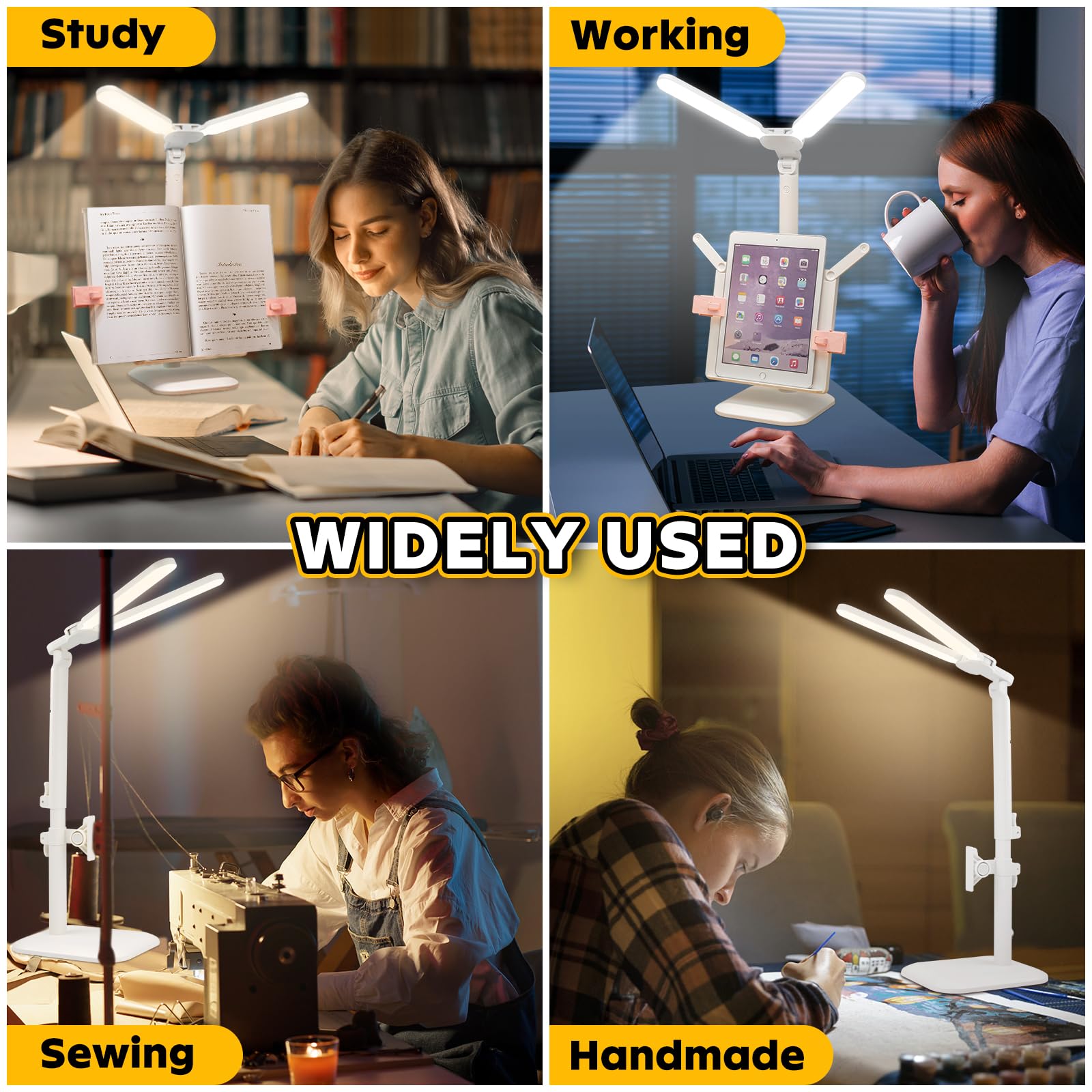 Desk Lamp with Book Stand: Bright LED Reading Lamp, Adjustable Dimmable Dual Swing Arm Eye-Caring Desk Lamp, Table Desk Light with Adjustable Book Stand for Home, Office, Bedroom, Work, Study